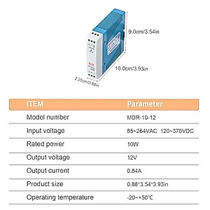 DynMach MDR-10-12 DIN Rail Mounted Power Supply - Input: 85-264VAC; Output: 12VDC, 0.84A, 10W; High Efficiency and Stability, Engineered for Small Scale Industrial Applications