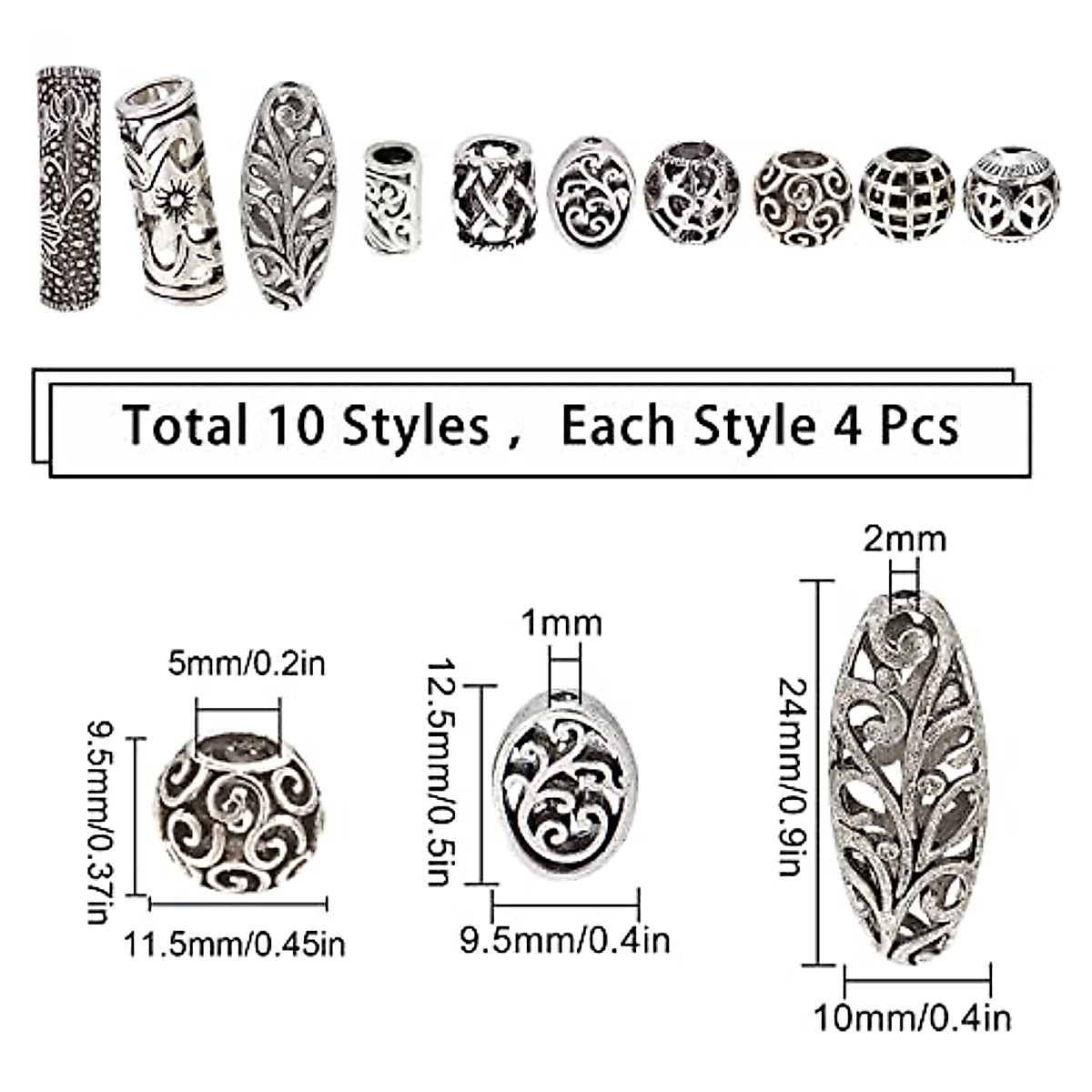 SUNNYCLUE 1 Box 40Pcs 10 Styles Tibetan Hollow Tube Bead Alloy Antique Silver Curved Noodle Loose Bead Long Spacers Large Hole for Jewelry Making Necklace Bracelet Craft Findings