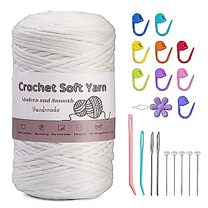 Crochet Yarn, 250g/8.81oz Yarn for Crocheting, 328 Yards Cotton Yarn for Crocheting Easy Yarn with Stitch Markers, Blunt Needles Chunky Thick Cotton Nylon Blend Yarn for Crocheting-White