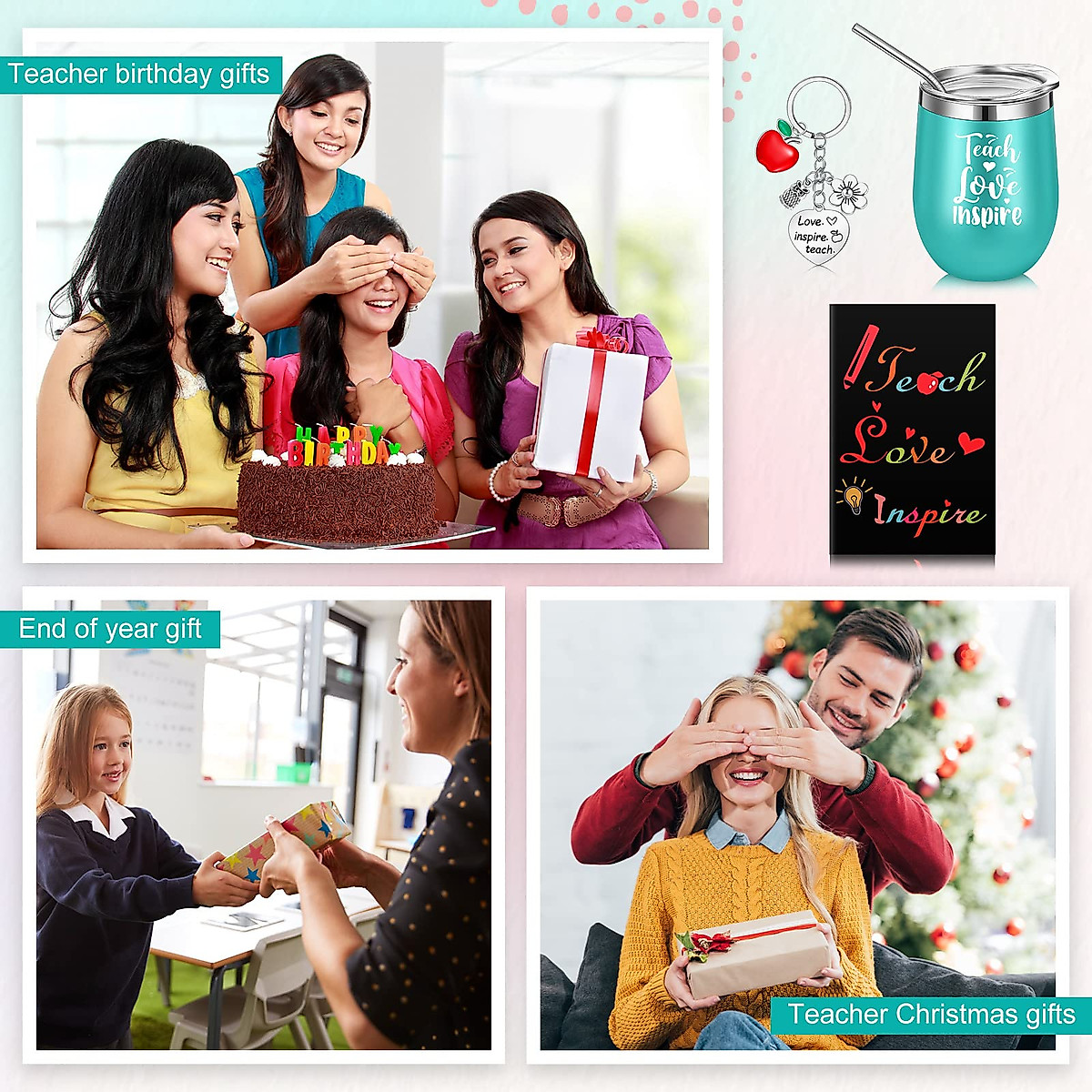 12 Pcs Teacher Appreciation Christmas Gift Bulk for Women, 12oz Wine Cup with Mini Journal Notepads Keychains Basket Thank You Retirement Gifts