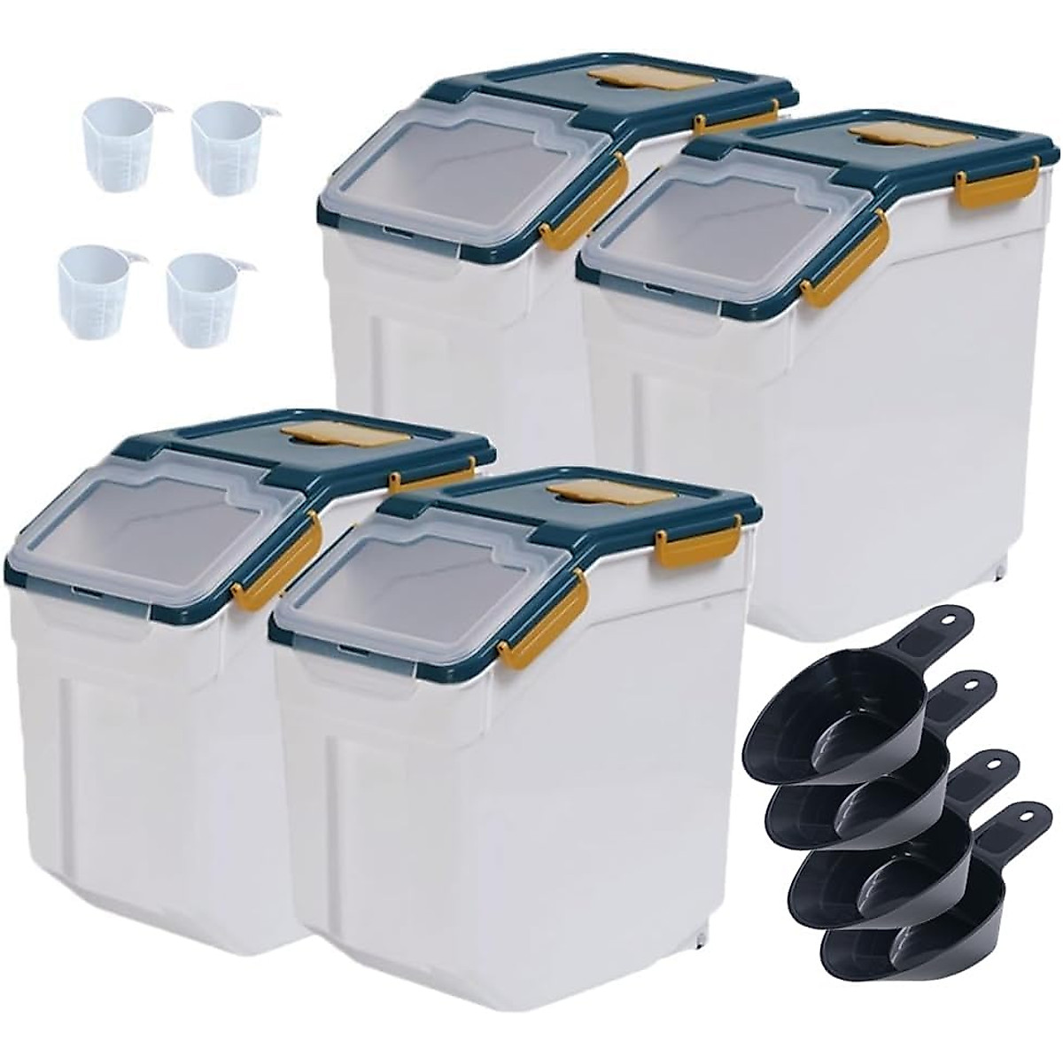 Large Flour Storage Container 25lb, 4Pack Airtight Rice Storage Containers with Wheels, Measuring Cup, Scoop for Flour, Rice, Grain, Cereal, Dry Food Organizer (Dark Blue)