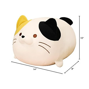 AIXINI 13.7 inch Cute Cat Plush Pillow Stuffed Squishy Animal Cylindrical Body Pillow, Super Soft Fat Cat Chubby Kitten Kawaii Pillow-White