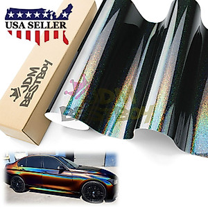 JDMBESTBOY 4"x8" Sample Psychedelic Black Gloss Metallic Rainbow Holographic Vinyl Wrap Sticker Film
