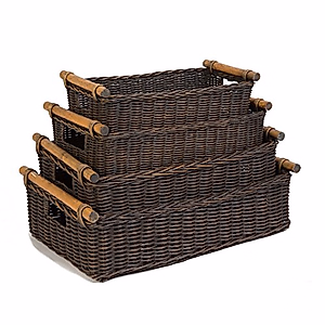 The Basket Lady Low Pole Handle Wicker Storage Basket, Large, 19.5 in L x 12.5 in W x 6 in H, Antique Walnut Brown