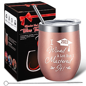 Graduation Gifts for Mastering Degree 12 oz Graduation Tumbler Stainless Steel Wine Tumbler with Lid Cleaning Brush and Gift Box Funny Gifts for University Graduate College Grad (2023 Text Style)