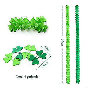 Green Tissue Paper Leaf Garland for St Patricks Party Decoration Four Leaf Shamrock Clover Steamers Spring Party Decor Backdrop Banner Hanging Irish Birthday Wedding Baby Shower Party Supplies
