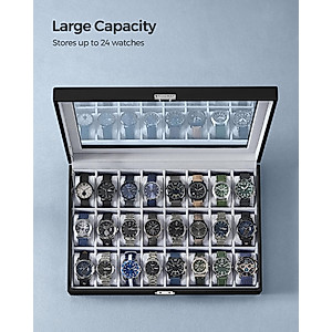 SONGMICS Watch Box, 24-Slot Watch Case, Lockable Watch Storage Box with Glass Lid, Gift Idea, Ink Black Synthetic Leather, Gray Lining UJWB024