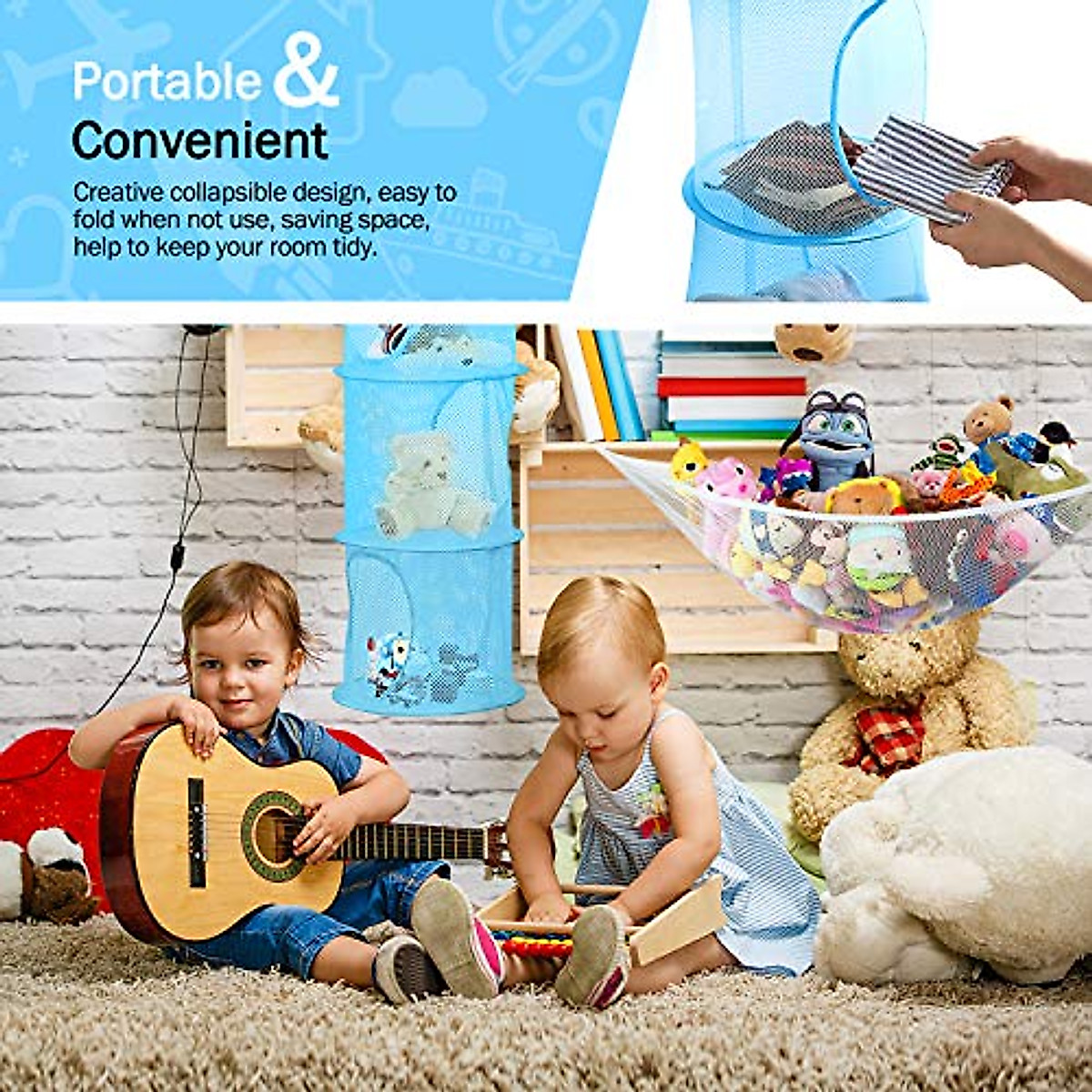 2 Pcs Hanging Mesh Storage Basket with 1 Stuffed Animals Toy Net Hammock, Hommtina Foldable Corner Organizer 3 Tier, Neatly Organize Kid’s Plush Toys and Save Space (Blue+Purple)