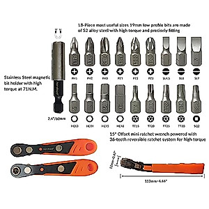 NordWolf 20-Piece Low Profile Mini Reversible Ratchet Wrench and Bits Set, Includes Square Head/Phillips/Pozidrive/Torx Security/Hex/Slotted Bits in Storage Case