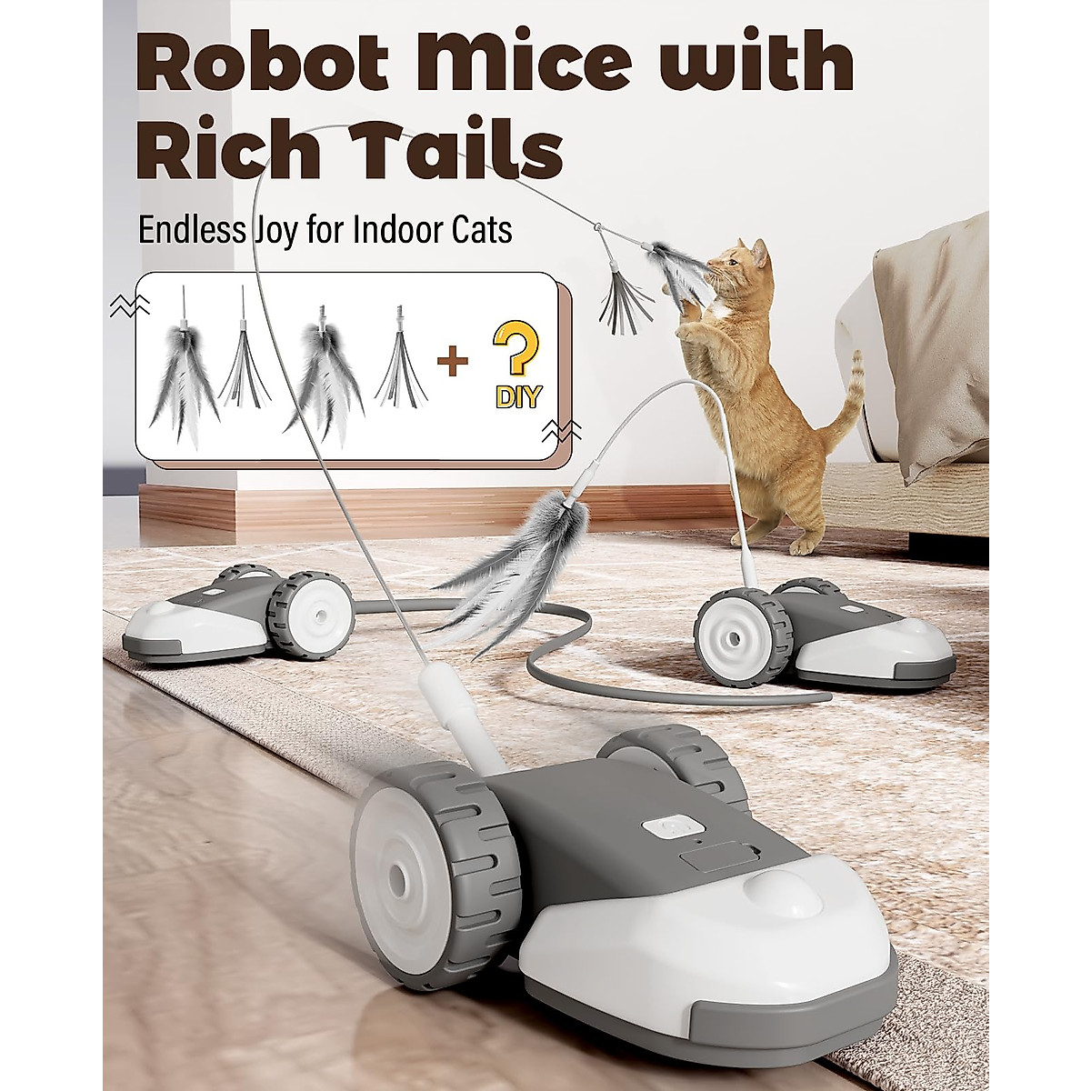 CYROS 3-in-1 Interactive Cat Toy - 2-Speed Automatic Moving Mouse Cat Toys Self Play with 2pcs Hanging Feather String Ribbon and Wiggly Silicone Mice Tail for Bored Indoor Adult Cats Kittens