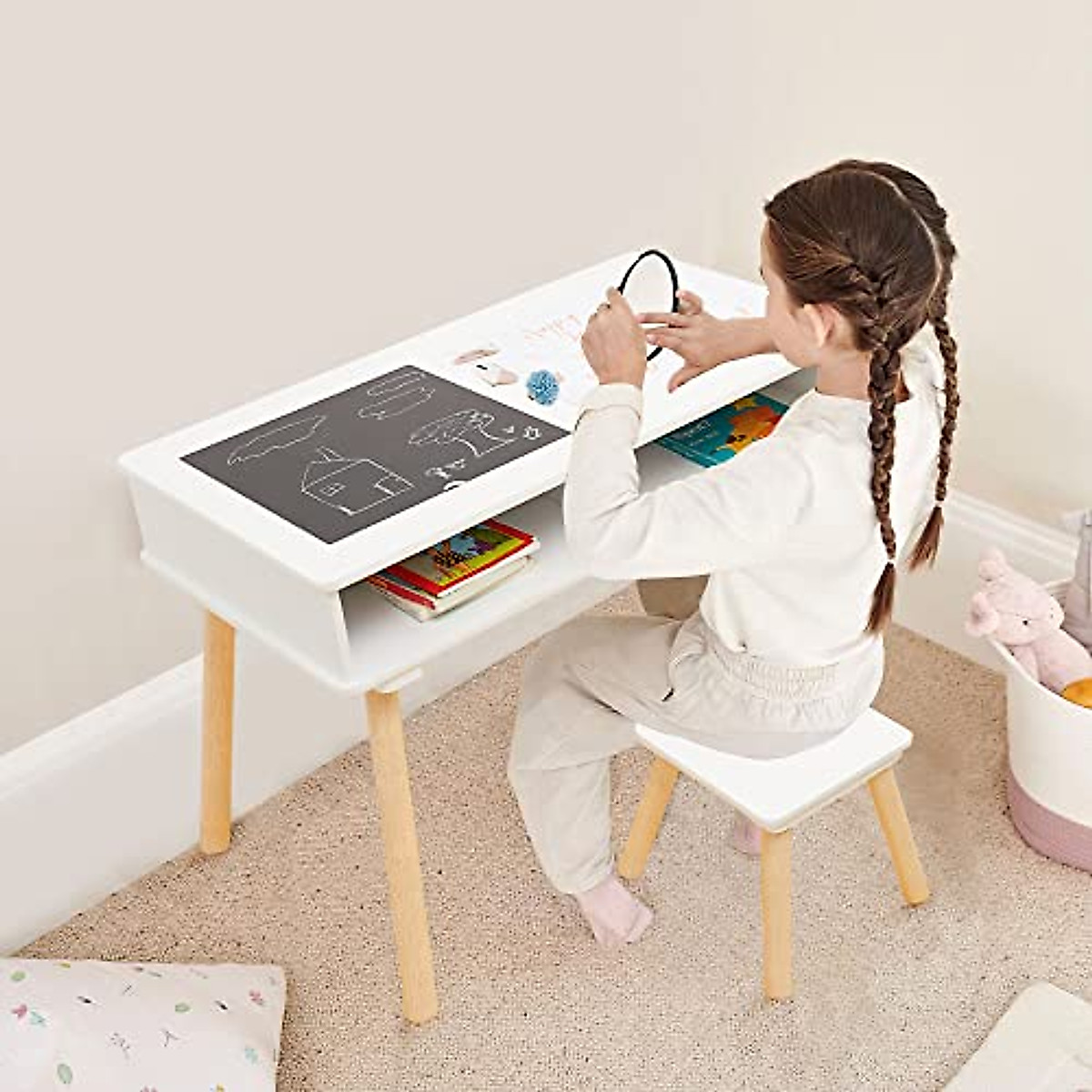 Toffy & Friends Kids Activity Table Set 2 in 1 Wooden Building Block Desk w/Storage Double-Sided Tabletop for Toddler Arts, Crafts, Drawing, Reading, Playing (White & Gray)