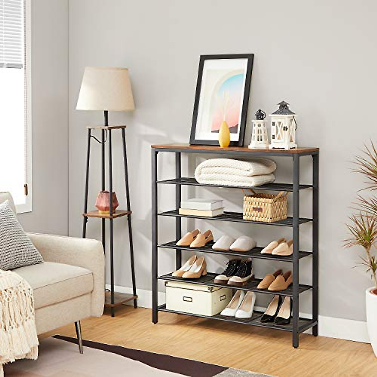 VASAGLE 6-Tier Shoe Rack, Shoe Organizer for Closet, Entryway, 24-30 Pairs of Shoes, Large Shoe Rack Organizer with 5 Metal Mesh Shelves, 11.8 x 39.4 x 43.3 Inches, Rustic Brown and Black ULBS016B01