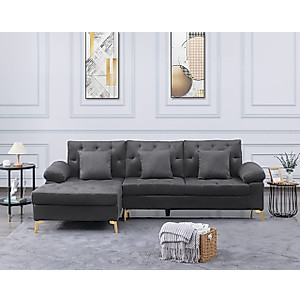 KoiHome Sectional Sofa 96.5" Left Hand Facing Velvet Button Tufted, 3-Seater Sleeper Couch with 3, Pillow top Arms, Modern L-Shape Chaise for Living, Bedroom,Waiting Room, Dark Grey