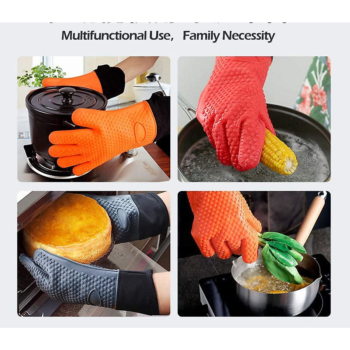 Pair of 2 Grilling Gloves, Heat Resistant Gloves BBQ Kitchen Silicone Oven Mitts, Long Waterproof Non-Slip for Barbecue, Grilling and Cooking in The Kitchen (Orange)