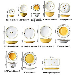 Porcelain Plate and Bowl Set,High-End Dinner Set,Ceramics Dinner Sets, 48 Pieces Cartoon Hand Drawn Bee Pattern Cereal Bowl and Steak Plate Set | Porcelain Dinnerware Set for Family Gathering