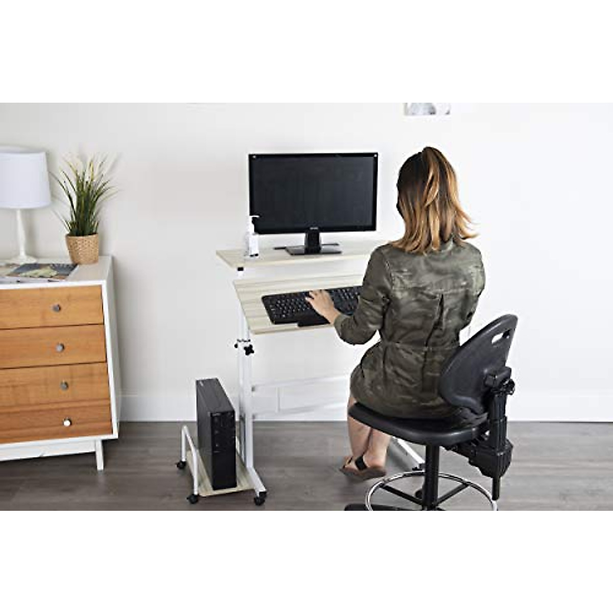 Mind Reader SDROLLXL-WHT Mobile Sitting, Standing Desk Rolling Reversible Home Office Laptop Workstation with Side Storage, Locking Wheels, X-Large, White