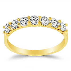Size - 9 - Solid 14k Yellow Gold 3mm Round Cut Seven Stone Prong Set Anniversary Ring Wedding Band CZ Cubic Zirconia 1/2 cttw.