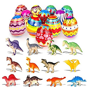 Tinabless Toys Filled Easter Eggs, Bright Colorful Eggs Prefilled with Dinosaur for Easter Theme Party Favor, Easter Eggs Hunt Event, Easter Basket, Classroom Rewards (12 Packs)