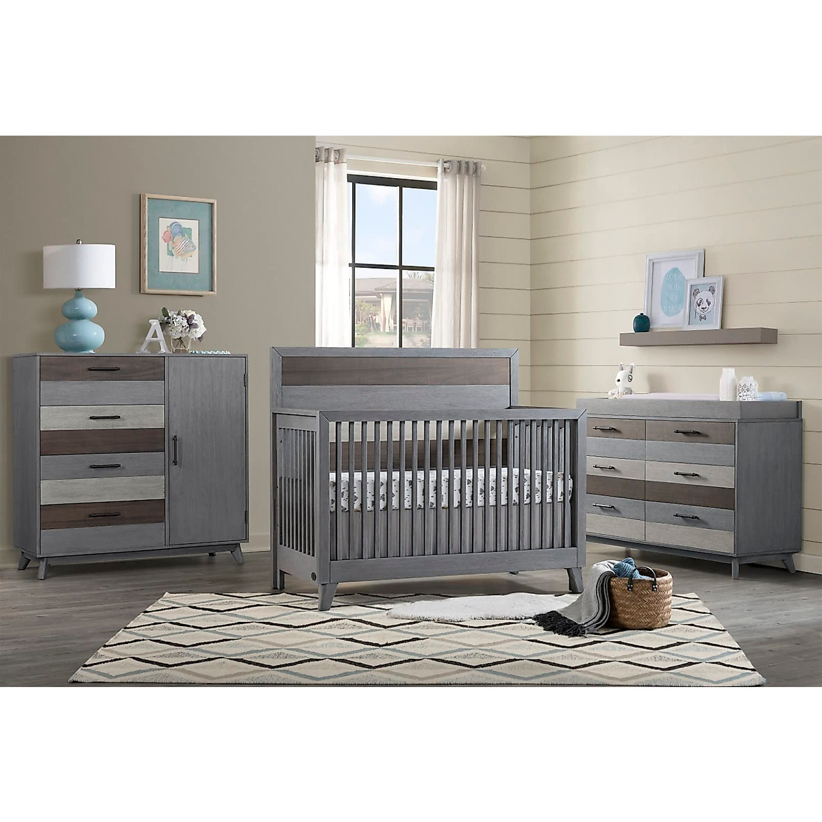 Soho Baby Cascade Premium Soft Closing 4-Drawer Chifferobe with Adjustable Shelves and Hanging Rod, Wire Brush Multi-Tone Gray Finish