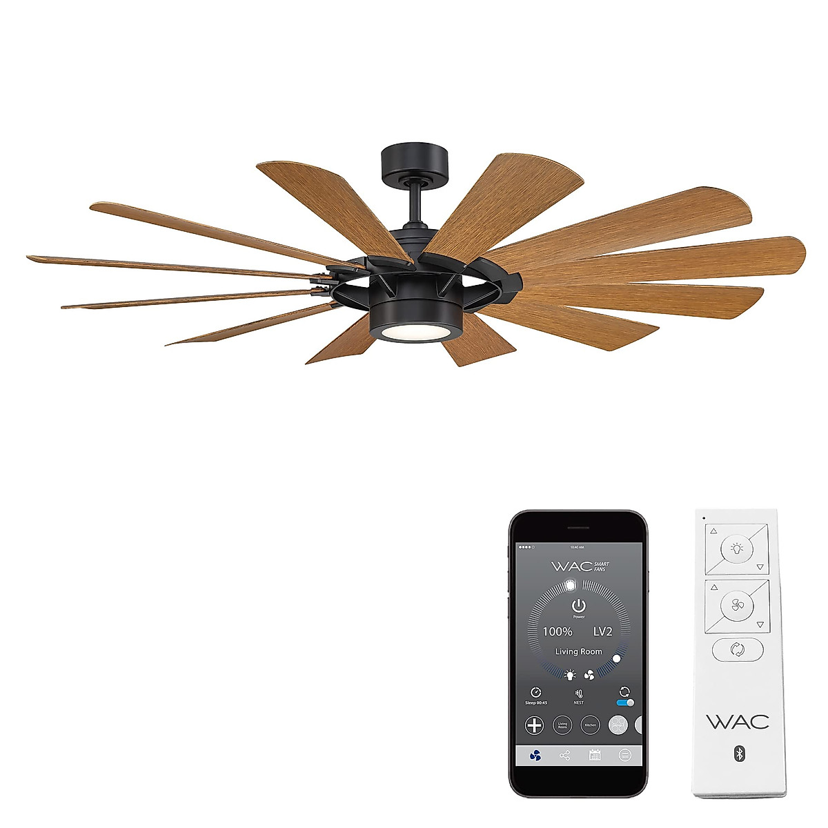 Windmill Indoor and Outdoor 12-Blade Smart Home Ceiling Fan 65in Matte Black Distressed Koa with 3000K LED Light Kit and Remote Control works with Alexa and iOS or Android App