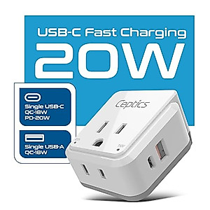 Ceptics European Plug Travel Adapter Set, 20W PD & QC, Safe Dual USB & USB-C - 2 USA Socket - Compact - Use in Germany, France, Italy, UK - Includes Type E/F, Type C, Type G SWadAPt Attachments