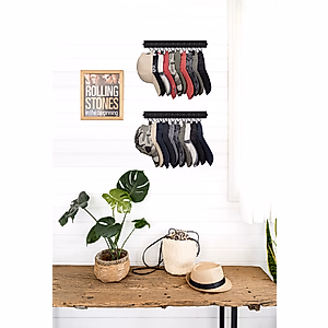 Mkono Hat Rack for Wall Wooden Baseball Caps Organizer with 20 Hooks Rustic Cowboy Hat Hanger Wall Mounted Caps Display Rack for Closet Bedroom Entryway, Set of 2, Black