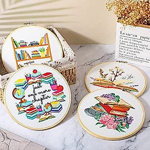 4 Set Embroidery Kit for Beginners Adults Cross Stitch Embroidery Kit for Book Lovers DIY Needlepoint Kit with Book Patterns, Instructions, Embroidery Hoops, Needles, Colored Threads, Needle Threader