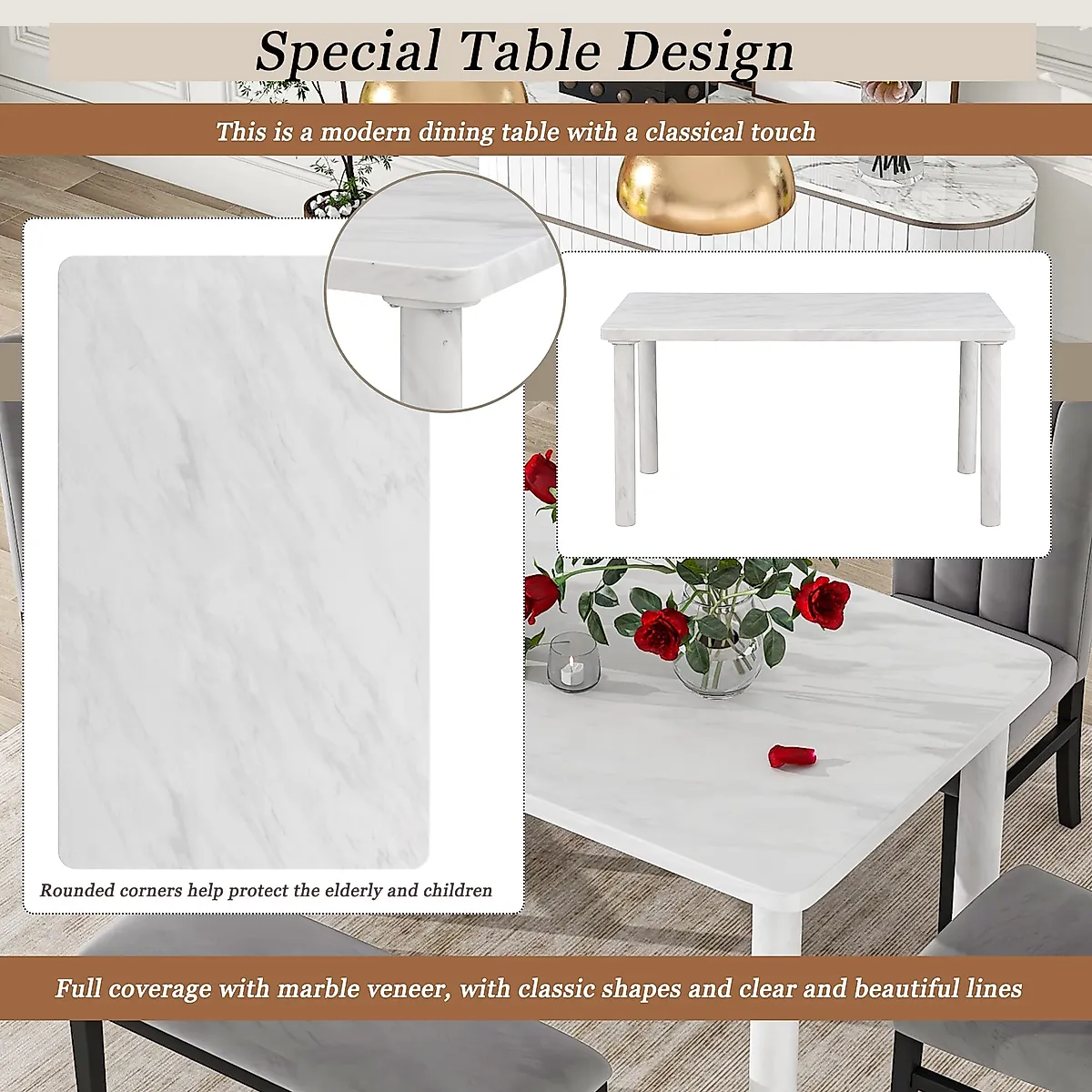 Harper & Bright Designs Dining Table Set for 6 with Marble Veneer Table and 4 Flannelette Upholstered Dining Chairs & Bench, 6 Piece Dining Room Table Set for Kitchen Living Room, White+Gray