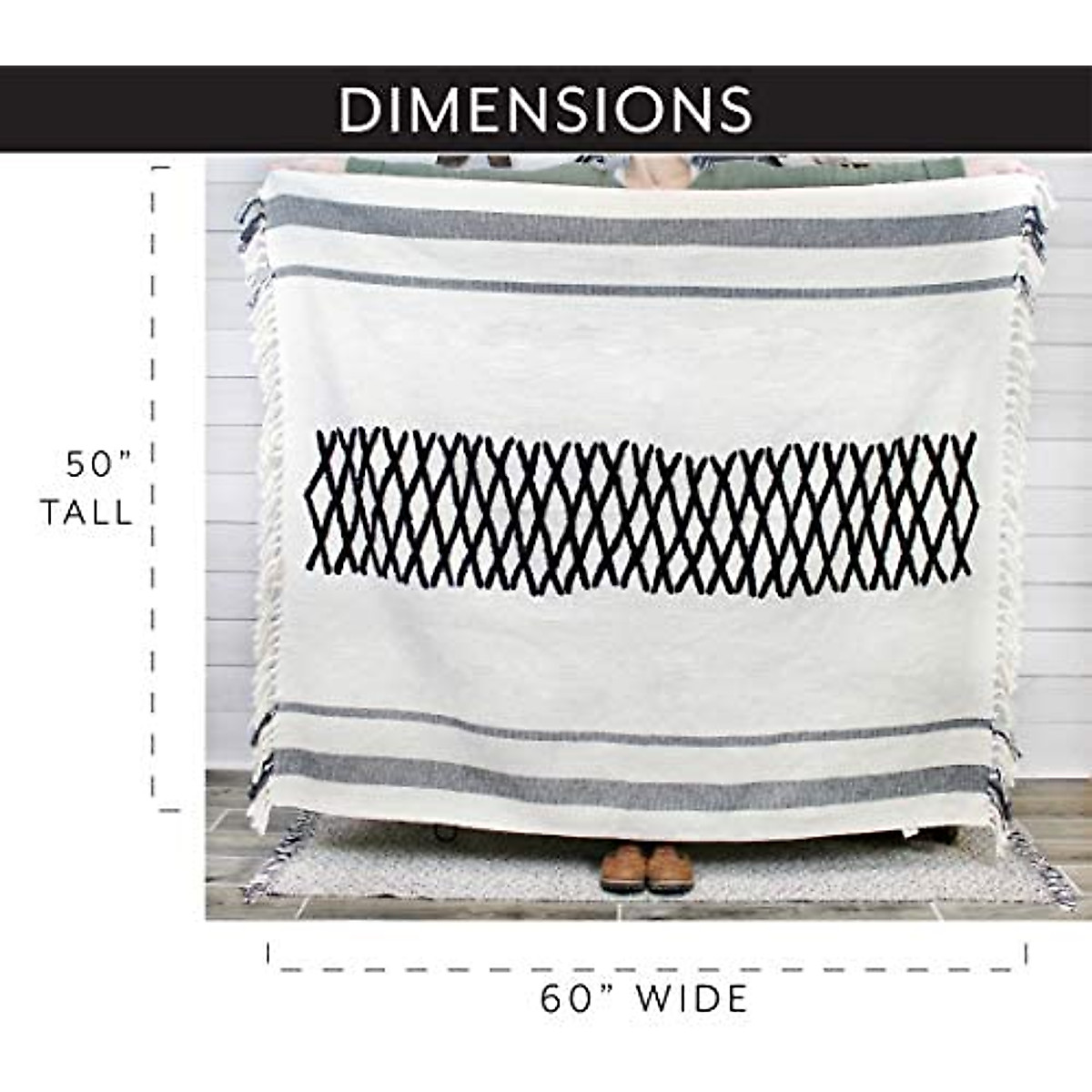 AuldHome Design Boho Farmhouse Throw, Black and Off White 50 x 60 Inch Striped Blanket