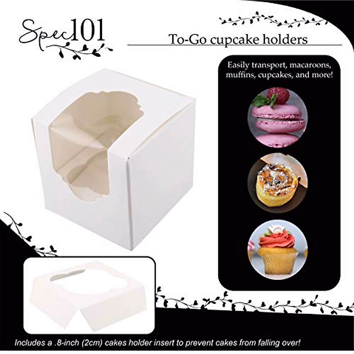Spec101 Mini Cupcake Holders - 50 Pk Individual Cupcake Boxes with Inserts, 2.5 Inch To Go Cupcake Containers, White