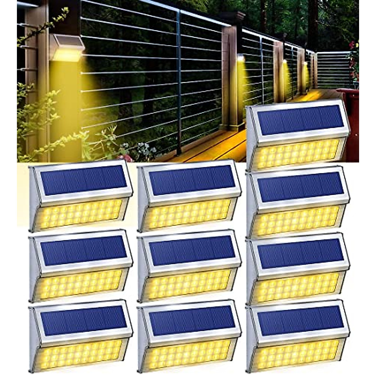 DBF 30 LED Solar Step Lights Outdoor【10 Pack,Warm White】 Stainless Steel Solar Fence Post Lights IP65 Waterproof Solar Powered Deck Stair Lighting Auto On/Off Solar Lights for Fence Yard Patio Garden
