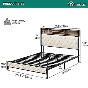 YITAHOME King Size Bed Frame, Platform Bed Frame with Charging Station, Upholstered Storage Headboard & Footboard Metal Slats Supports Mattress Foundation, No Box Spring Needed, Beige