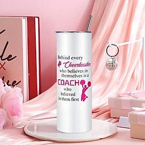 Suclain 2 Pcs Cheer Coach Gifts Set for Women 20 oz Cheerleader Tumbler with Lid Straw and Cheerleading Coach Keychain for Coach Cheerleader Birthday Retirement Gifts(Pink)