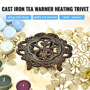 Sungmor Cast Iron Teapot Warmer Dish Cups Heater Pot Trivet - Rustic & Graceful Pattern Design with Tealight Holder - Heavy Duty & Decorative Candle Holder Stands for Heat Food Coffee Milk or Tea