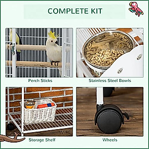 PawHut 55" Large Parrot Cage with Toy Hooks Above Top Bird Perch, Tray, Food Cups, Rolling Stand, Bird Cage for Cockatiels, Parakeets, Lovebirds