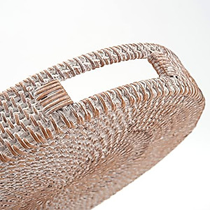Round Rattan Serving Tray Decorative Woven Ottoman Trays with Handles for Coffee Table White (Small 11.8 inch x 2.4 inch)