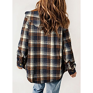 Dokotoo Hooded Shacket Jacket Women Fashion Plaid Flannel Shirts Fleece Lined Long Sleeve Button Up Jackets Sherpa Fuzzy Thick Coats Vintage 2024 Fall Warm Winter Oversized Coat Outwear Blue S