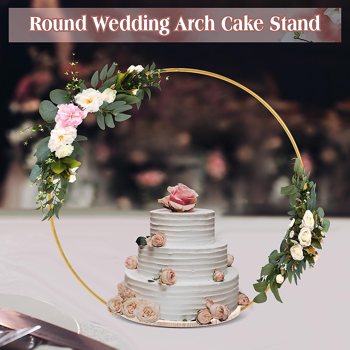 Norme 33.5 Tall Wedding Arch Cake Stand Round Metal Cake Stand for Wedding Reception Hoop Decoration with Wooden Base Floral Decoration Display for Party Events Reception Supplies