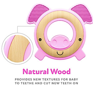 Nuby Natural Wood & Silicone Teether: Pig, 3M+, Pink (80803)