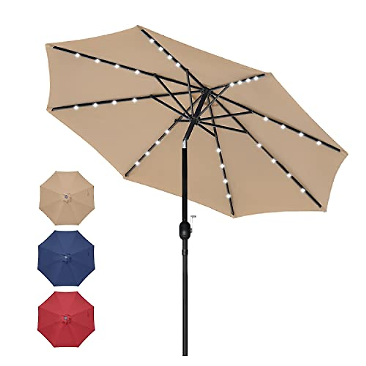 Simple Deluxe 9' Solar Umbrella 32 LED Lighted Patio Umbrella Table Market Umbrella with Push Button Tilt/Crank Outdoor Umbrella for Garden, Deck, Backyard and Pool, Tan