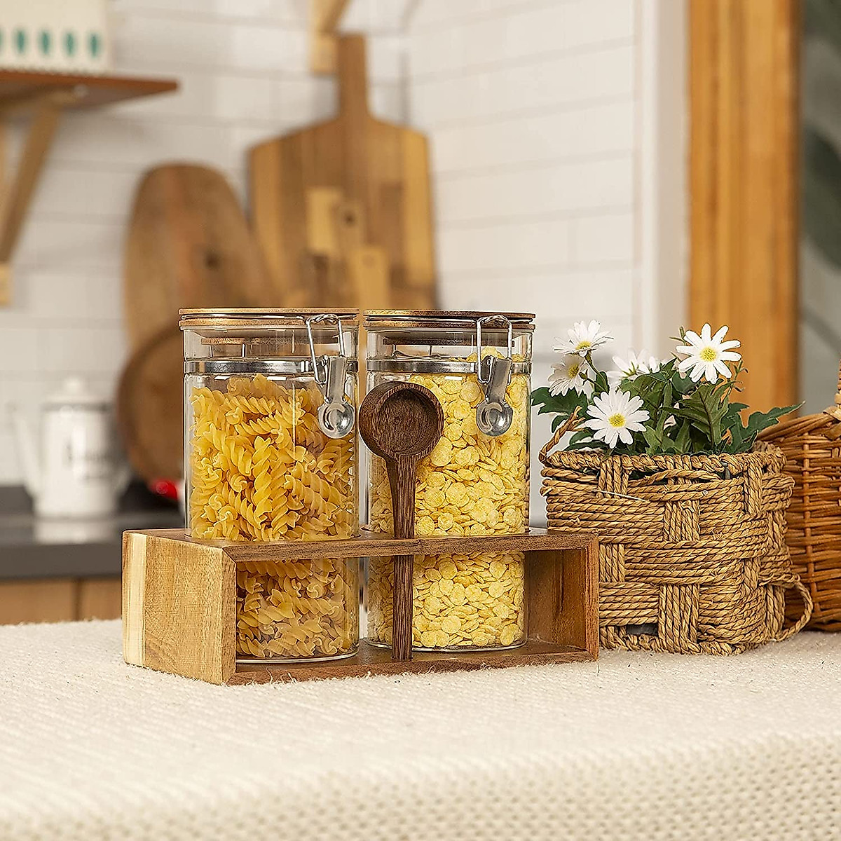 Yangbaga Glass Sugar Coffee Containers with Shelf, 2 x 45OZ Coffee Bean Canister Storage Station Organizer with Airtight Locking Clamp and Log Coffee Scoop, Large Capacity Food Storage Jar for Kitchen