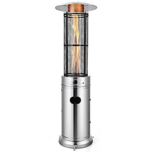 COSTWAY Outdoor Propane Patio Heater, 40,000 BTU Propane Heater with Dancing Flame, Portable Wheels, Stainless Steel Pyramid Floor-Standing Outdoor Heater for Balcony Backyard Garden, Silver