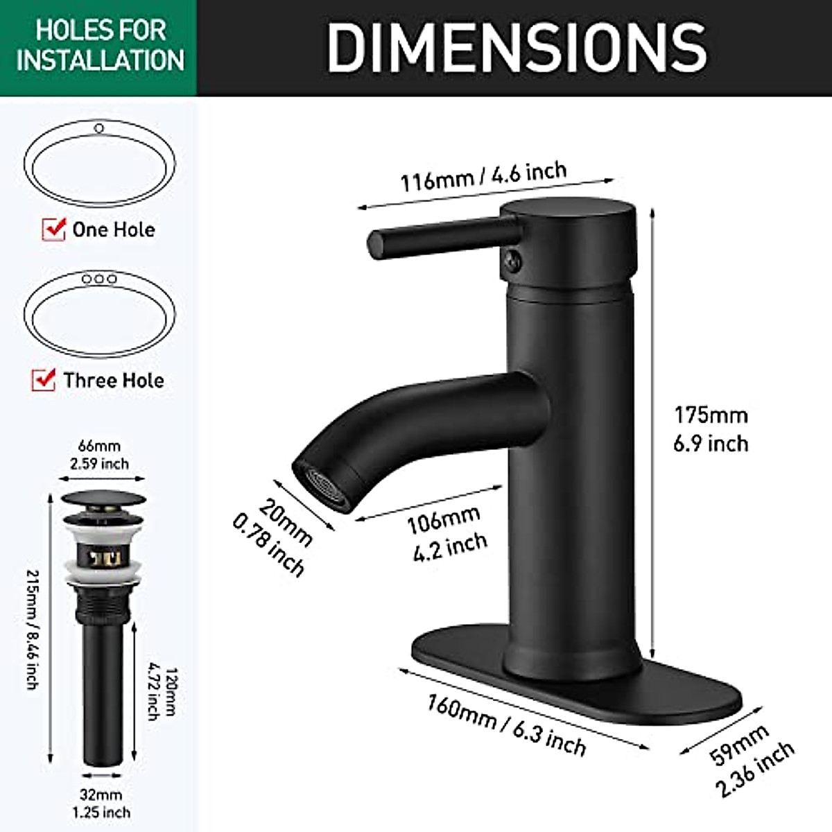 Black Bathroom Faucet Single Handle Bathroom Sink Faucet with Pop-up Drain Rv Lavatory Vessel Faucet Basin Mixer Tap with Deck Plate