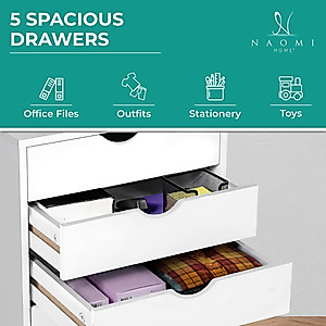 Naomi Home 5 Drawer Dresser for Bedroom, Stylish Tall Dressers with Wheels, Storage Shelves, Small Dresser for Closet, Makeup Dresser with 180 lbs Capacity - White