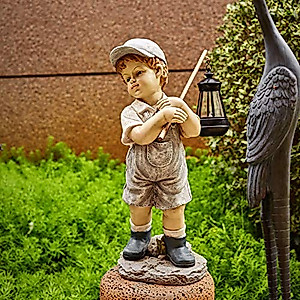 Floryden Solar Boy Statue, Garden Boy Statues with Solar Powered LED Light for Garden, Patio, Lawn, Yard, Housewarming, Thanksgiving, Arbor Day, Hand-Painted Sculpted Figure, 17.5”H Resin