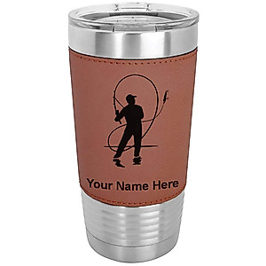LaserGram 20oz Vacuum Insulated Tumbler Mug, Fly Fisherman, Personalized Engraving Included (Faux Leather, Dark Brown)