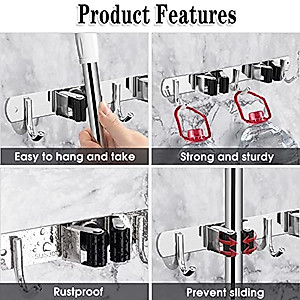 2 Racks and 3 Hooks & Black 5 Racks and 4 Hooks Broom and Mop Holder Wall Mounted Garage Organizer Storage Tool Racks Stainless Steel Heavy Duty Hooks Self Adhesive Solid Non-slip Wall Hangers