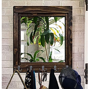 Reading Mirror with Wall Hooks, Coat Rack, Decorative Mirror, Entryway Organizer, Key Holder, Coat Hooks - 20 Colors - Shown in Dark Walnut