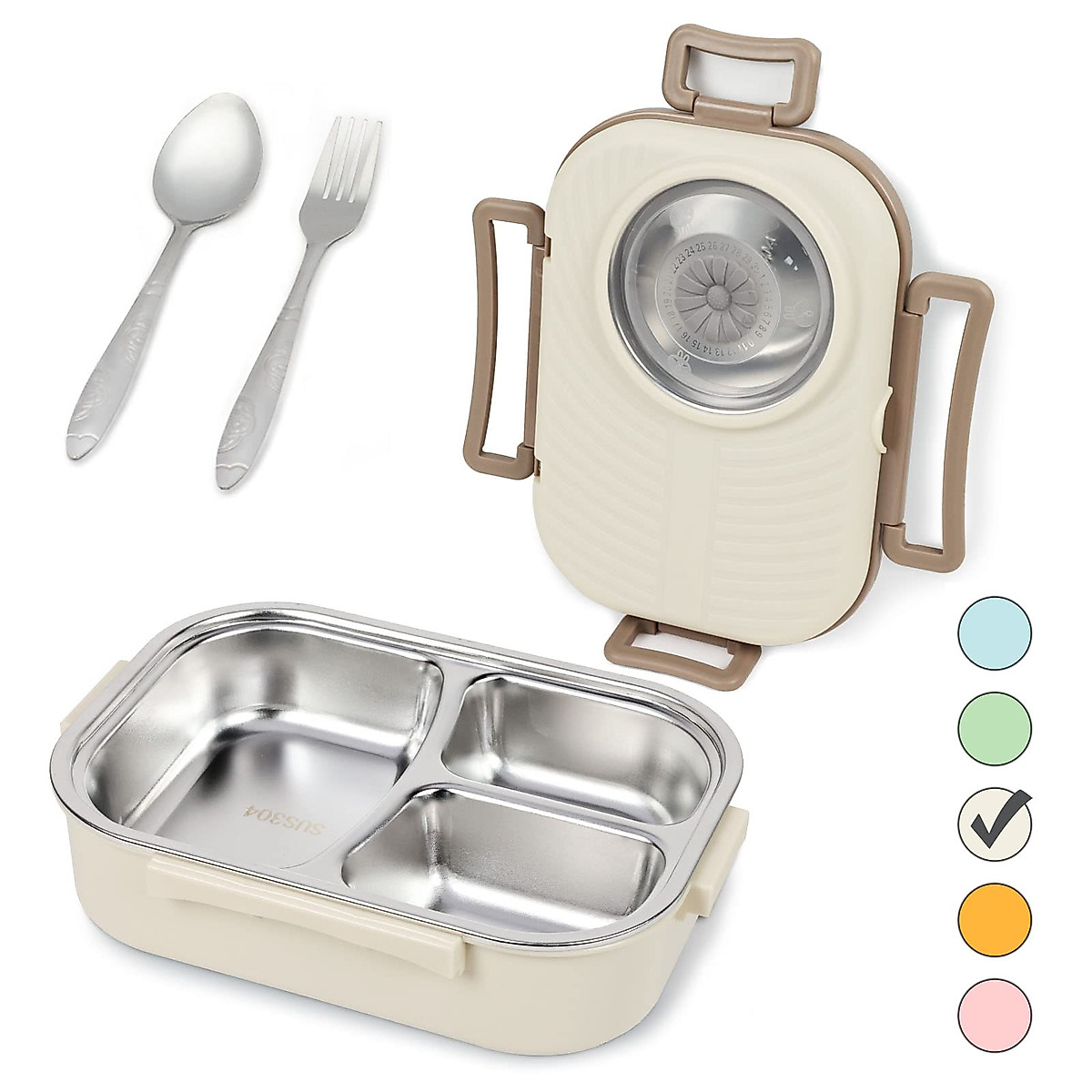 Puraville Stainless Steel Bento Lunch Box for Kids and Adults, Stackable BPA-Free Food Containers with 3 Compartments and Reusable Sauce Bowl, Fork and Spoon, (1000ml/34oz, Cream)