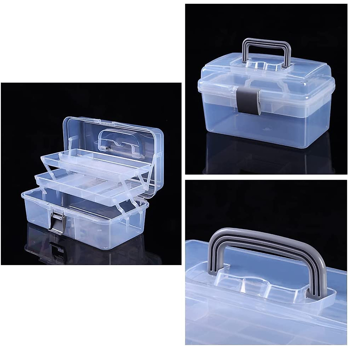 Auniwaig Portable Handled Storage Organizer Box 33cm Plastic Sewing Box Multipurpose Art Tool Container Case Transparent Box with Removable Tray for Art Craft and Cosmetic (33x20x15cm) 1pcs